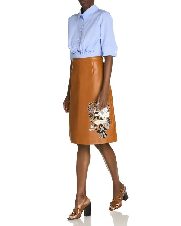 Marni Flared Leather Skirt With Floral Appliqu