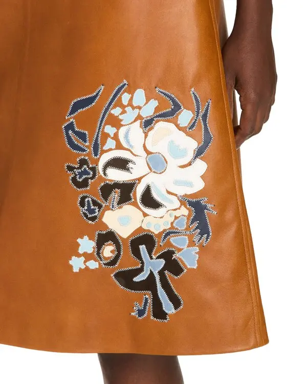 Marni Flared Leather Skirt With Floral Appliqu