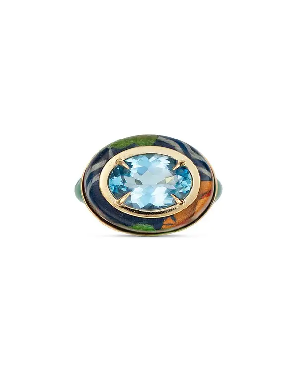 SILVIA FURMANOVICH 18k Yellow Kashmir Blue Topaz & Green Ceramic Colorful Pattern Ring - Gold