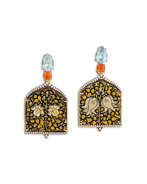 SILVIA FURMANOVICH 18k Yellow Kashmir Sky Blue Topaz, Fire Opal, & Diamond Paper Mache Window Drop Earrings - Gold