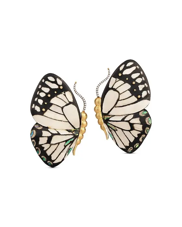 SILVIA FURMANOVICH 18k Yellow Kashmir Mother Of Pearl, Abalone Inlay, & Diamond Butterfly Statement Earrings - Gold