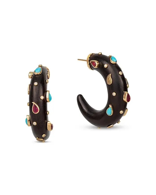 SILVIA FURMANOVICH 18k Yellow Kashmir Ruby, Turquoise & Diamond Brauna Wood Hoop Earrings - Gold