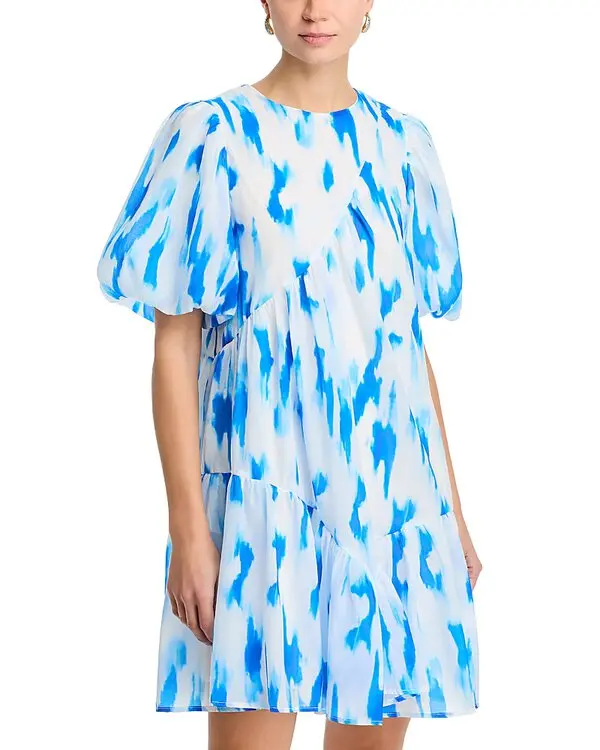 NANCY YANG Puff Sleeve Dress - Blue/ White