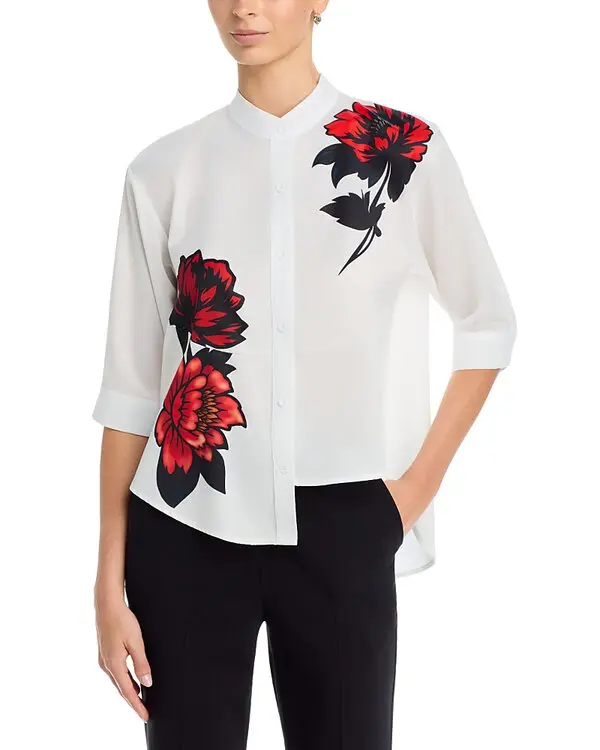 NANCY YANG Band Collar Elbow Sleeve Shirt - White