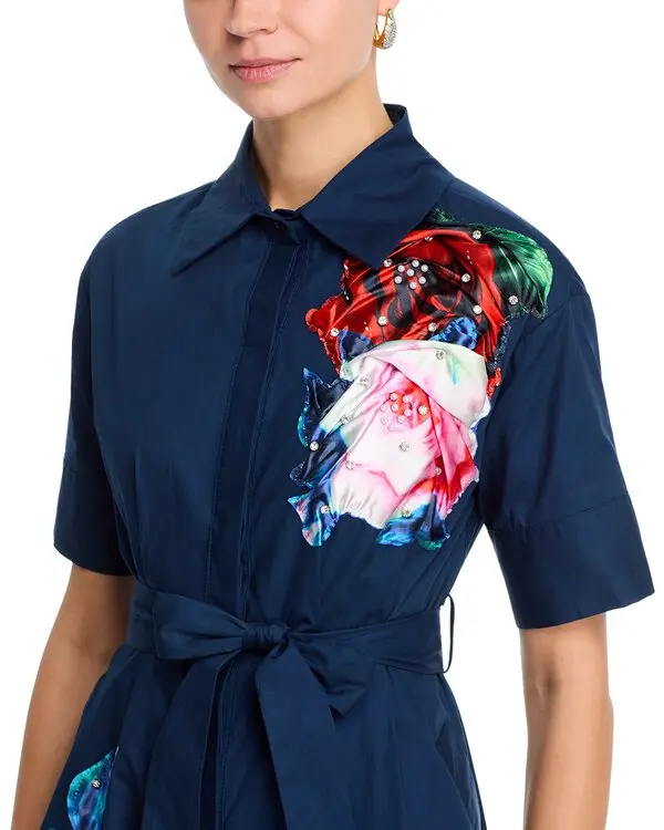 NANCY YANG Floral Embroidered Shirt Dress - Navy