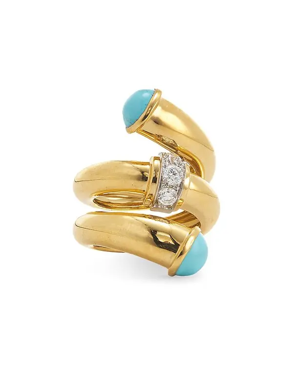 David Webb Platinum & 18k Yellow Tool Chest Turquoise & Diamond Pipe Hammered Coil Ring - Gold