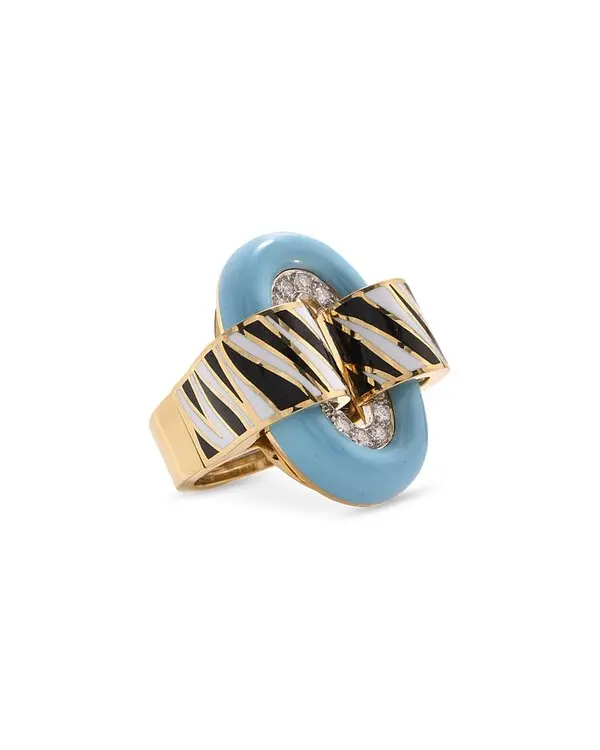 David Webb David Web Platinum & 18k Yellow Safari Diamond & Blue & Zebra Enamel Statement Ring - Gold