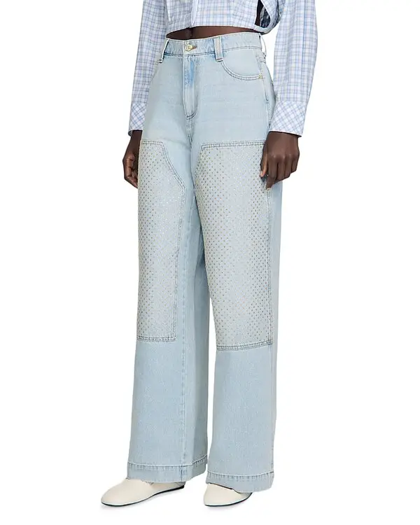 Sandro Landon High Rise Straight Leg Crystal Patch Jeans - Light Blue Jean