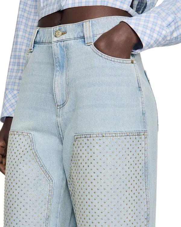 Sandro High-rise Straight Leg Jeans With Crystal Patch - Light Blue Jean