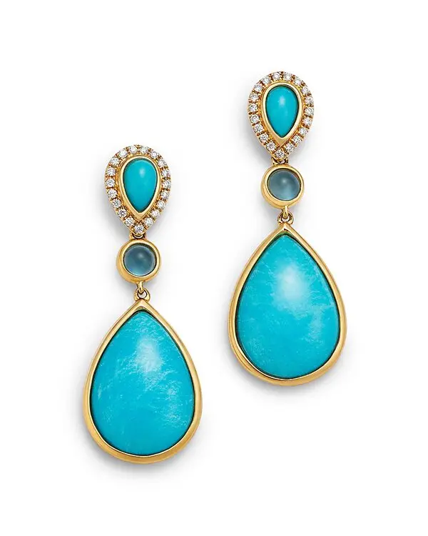 Bloomingdale'S Turquoise, Swiss Blue Topaz, & Diamond Pear Halo Drop Earrings In 14k Yellow - Gold