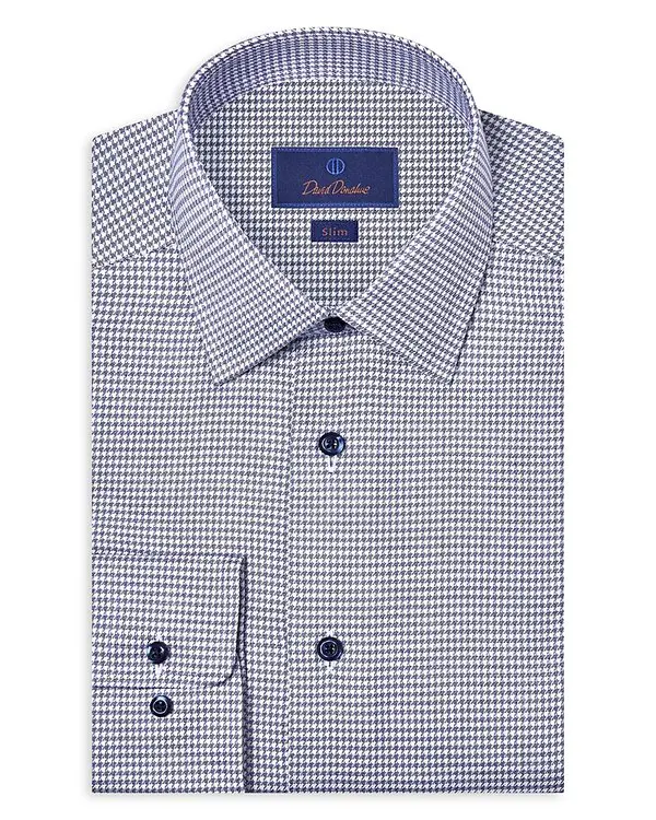 David Donahue Slim Fit Stretch Twill Micro Check Dress Shirt - Navy/ White