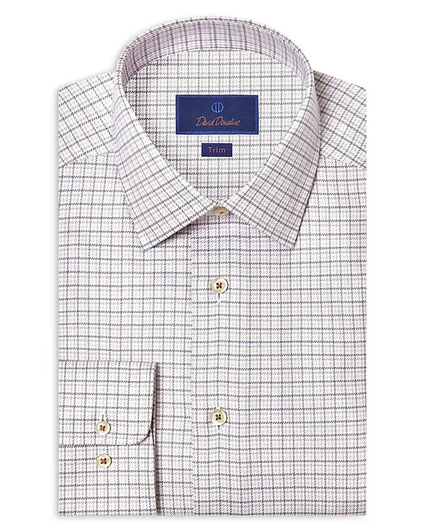 David Donahue Trim Fit Twill Check Dress Shirt - Dune/ Multi