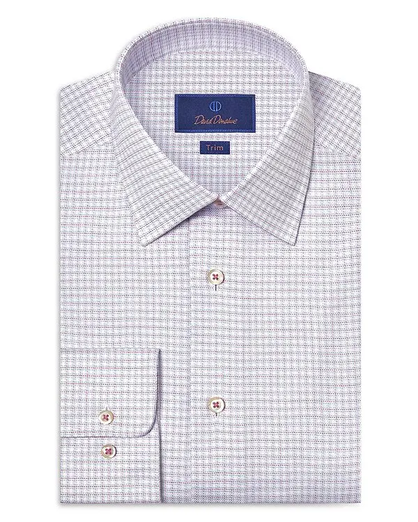 David Donahue Trim Fit Stretch Twill Check Dress Shirt - White/ Berry