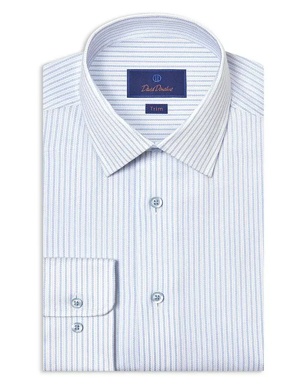 David Donahue Trim Fit Stretch Twill Stripe Dress Shirt - White/ Sky