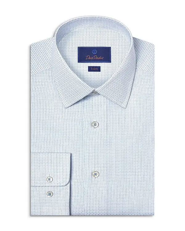 David Donahue Trim Fit Dobby Micro Grid Dress Shirt - White/ Blue