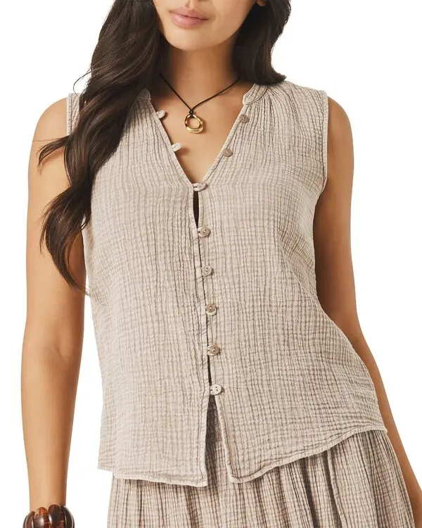 Splendid Ava Gauze Button Front Tank - Light Wicker