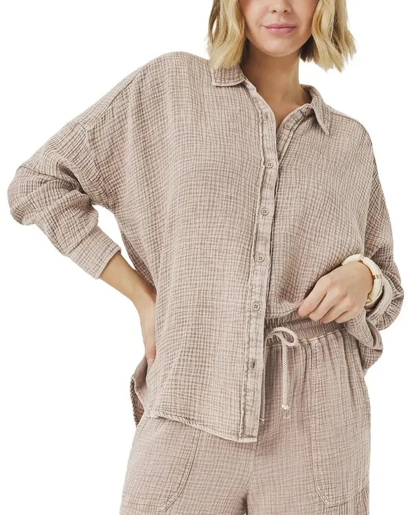 Splendid Ava Gauze Button Down Shirt - Light Wicker