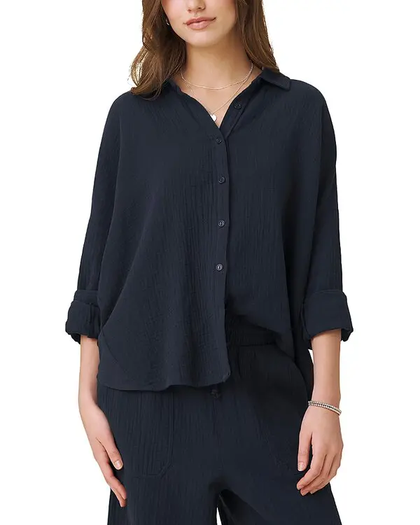 Splendid Ava Gauze Button Down Shirt - Navy