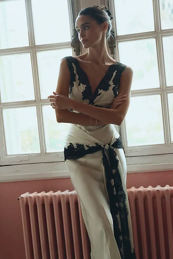 Bhldn Ella Waisted Scarf Lace Satin Slip Dress - Mint