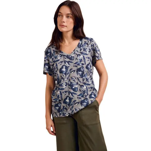 CELTIC & CO. Relaxed V-neck Linen Blend T-shirt - Mid Blue Leaf