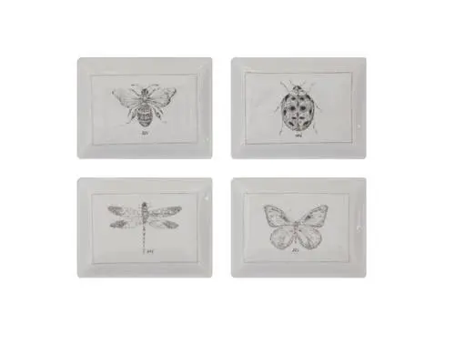 STORIED HOME Rectangle Ceramic Dishes With Insect Images - White
