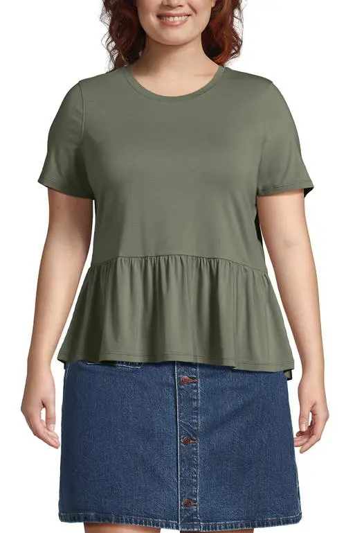 LANDS' END Short Sleeve Lightweight Jersey Crew Neck Peplum Tee - Sage