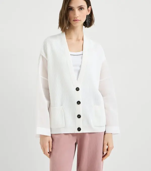 Brunello Cucinelli Cotton Organza-sleeve Cardigan - White
