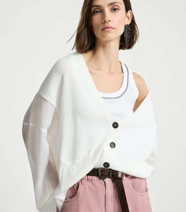 Brunello Cucinelli Cotton Organza-sleeve Cardigan - White