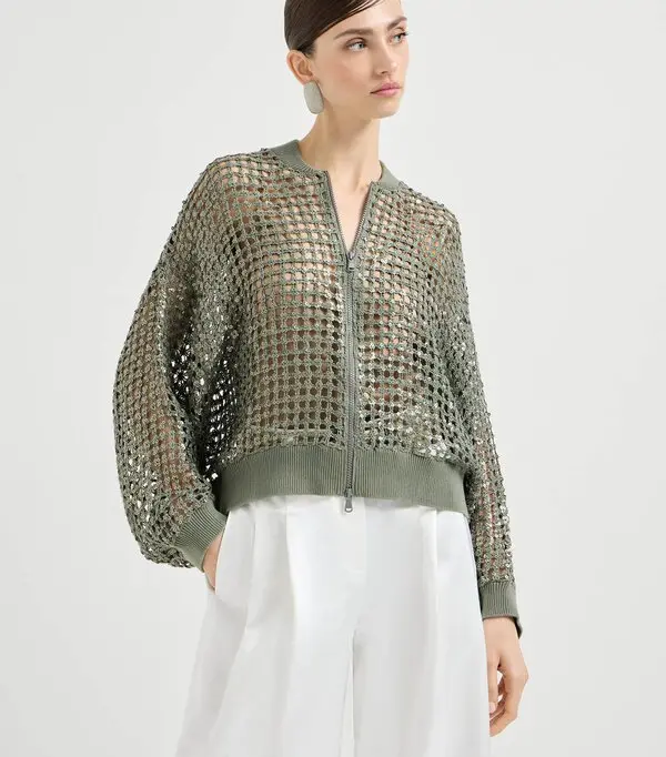 Brunello Cucinelli Sequin Mesh Zip Up Cardigan