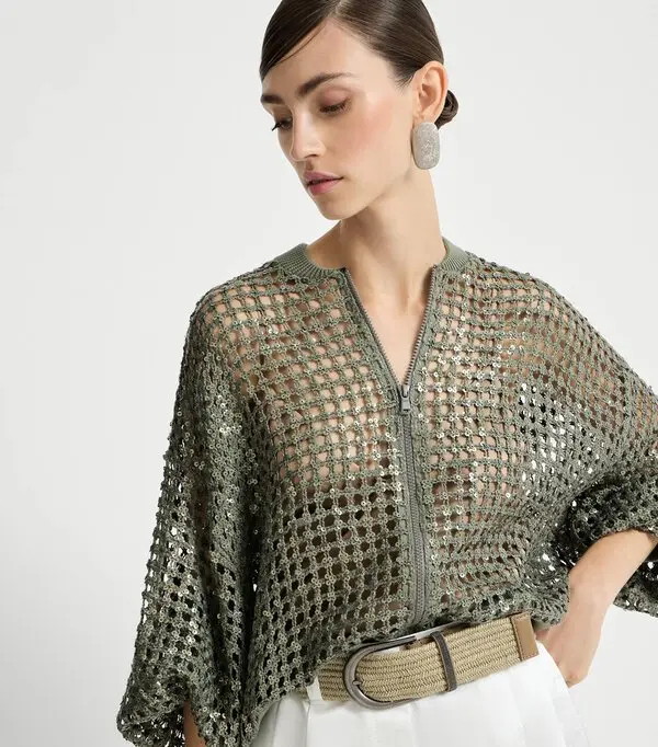 Brunello Cucinelli Sequin Mesh Zip Up Cardigan