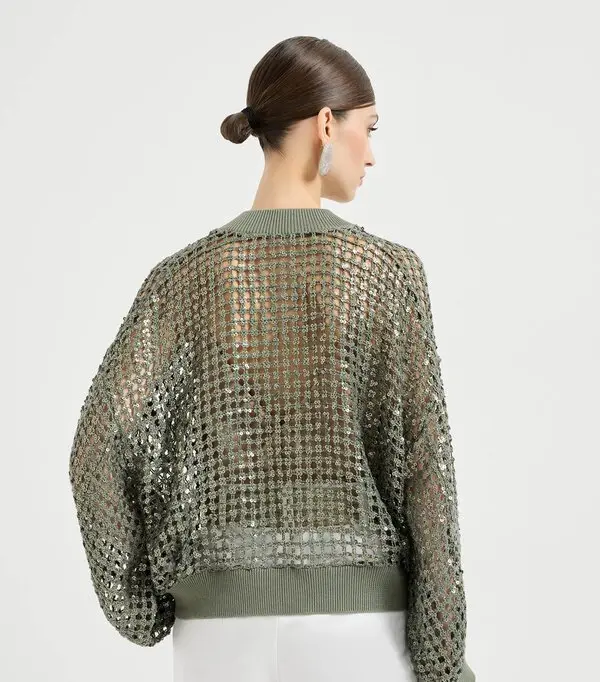Brunello Cucinelli Sequin Mesh Zip Up Cardigan