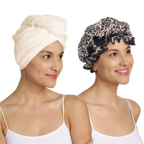 TURBIE TWIST Microfiber Hair Towel Wrap And Shower Cap Set - Tan