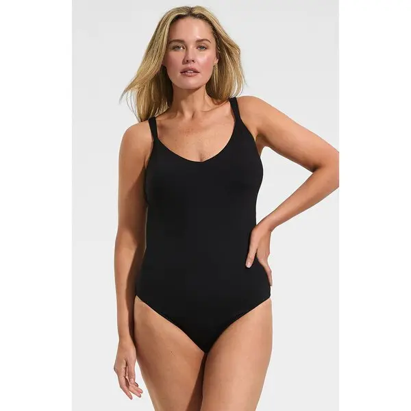 LANDS' END V-neck High-leg One-piece Swimsuit - Black