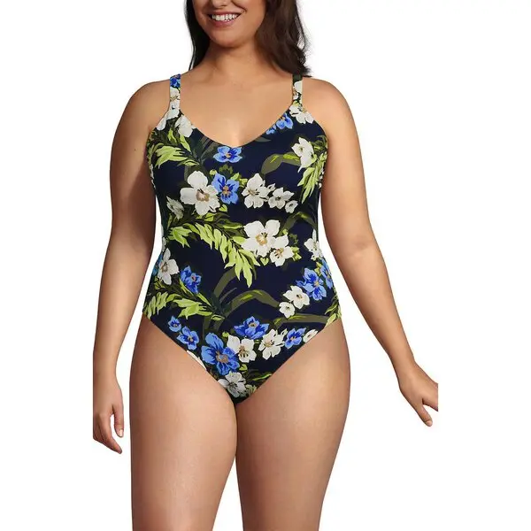 LANDS' END V-neck High Leg Strappy Back One Piece - Deep Sea/blue Floral Tropic