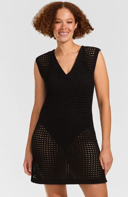LANDS' END Cotton Open Knit V-neck Swim Cover-up Dress - Black
