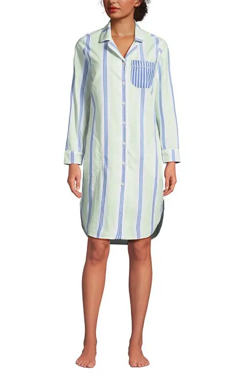 LANDS' END Cotton Poplin Long Sleeve Sleepshirt Nightgown - Icy Mint/muted Cobalt Stripe