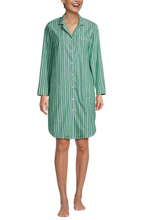 LANDS' END Cotton Poplin Long Sleeve Sleepshirt Nightgown - Vibrant Clover Multi Stripe