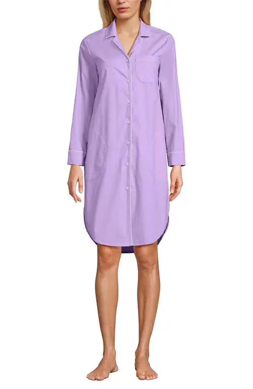 LANDS' END Cotton Poplin Long Sleeve Sleepshirt Nightgown - Whisper Lilac