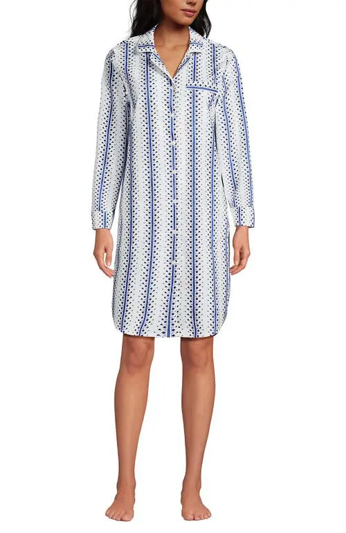 LANDS' END Cotton Poplin Long Sleeve Sleepshirt Nightgown - White/clear Blue Floral Stripe