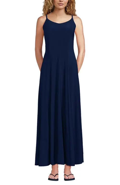 LANDS' END Silky Knit Godet Maxi Dress - Deep Sea Navy