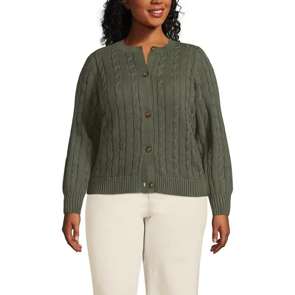 LANDS' END Drifter Classic Cable Crew Neck Cardigan Sweater - Forest Moss
