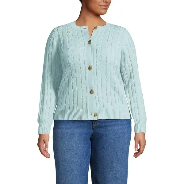 LANDS' END Drifter Classic Cable Crew Neck Cardigan Sweater - Pale Sky