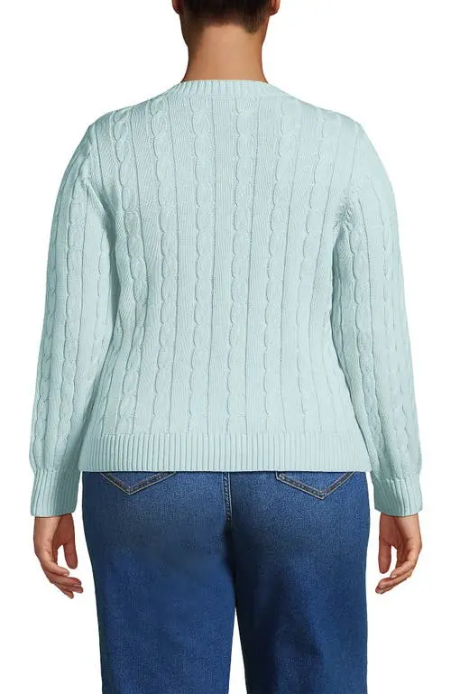 LANDS' END Drifter Classic Cable Crew Neck Cardigan Sweater - Pale Sky
