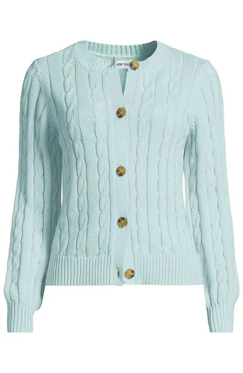 LANDS' END Drifter Classic Cable Crew Neck Cardigan Sweater - Pale Sky