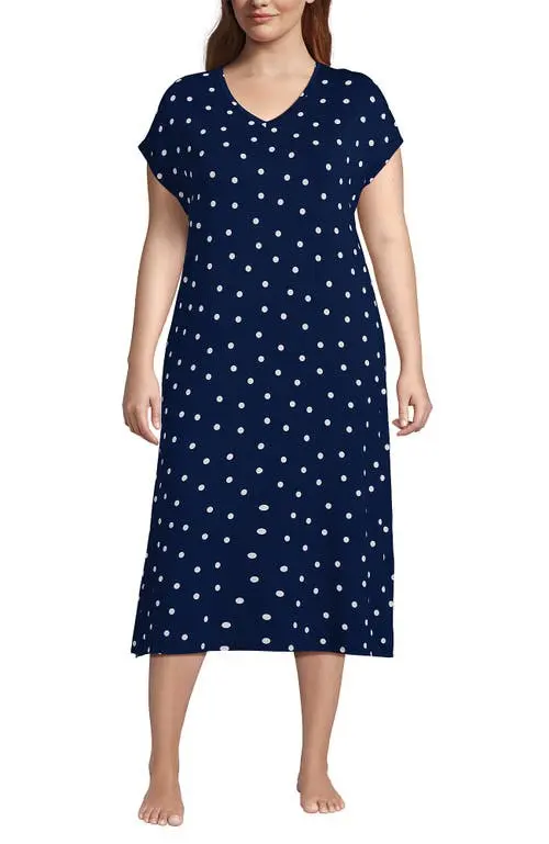 LANDS' END Short Sleeve Cooling Midi Nightgown - Deep Sea Navy Dot