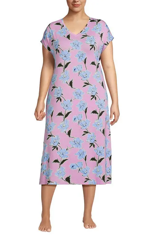 LANDS' END Short Sleeve Cooling Midi Nightgown - Lilac Breeze Etched Floral