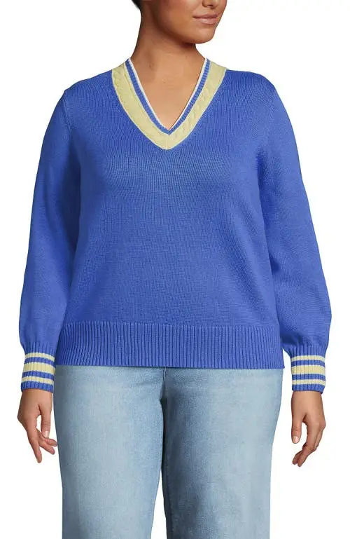 LANDS' END V-neck Cotton Sweater - Clear Blue/yellow Tipping