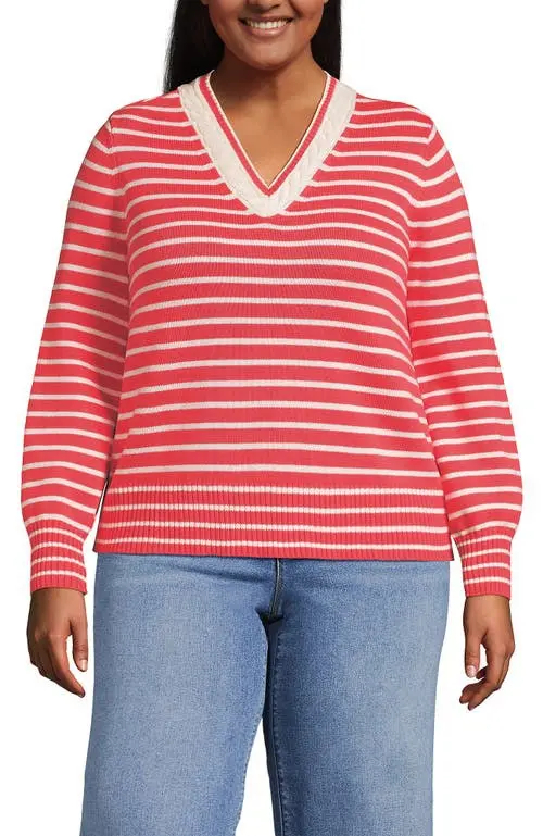 LANDS' END Drifter Set In Sleeve Vneck Sweater - Coral/ivory Mini Stripe