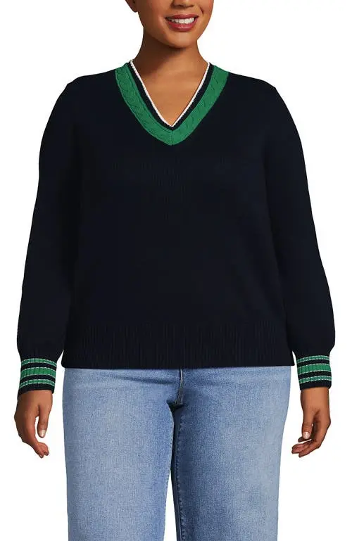 LANDS' END Drifter Set In Sleeve Vneck Sweater - Navy/clover Tipping