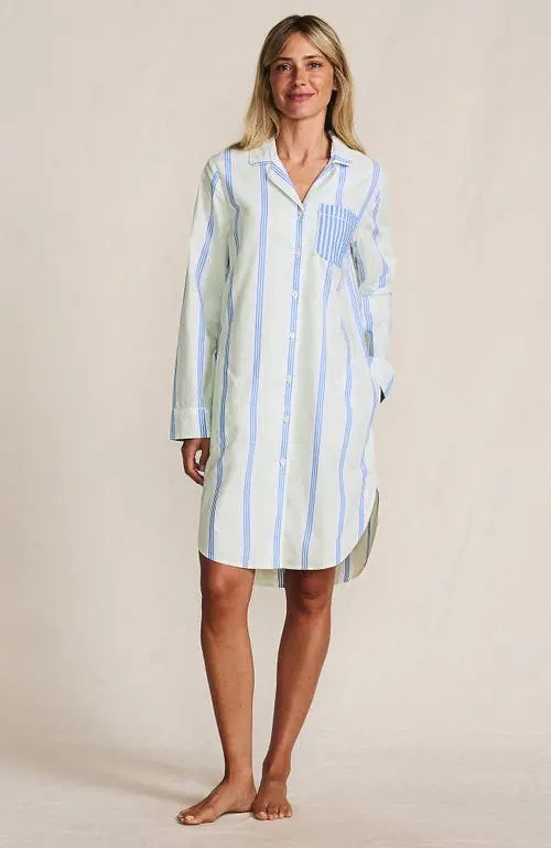 LANDS' END Cotton Poplin Long Sleeve Sleepshirt Nightgown - Icy Mint/muted Cobalt Stripe